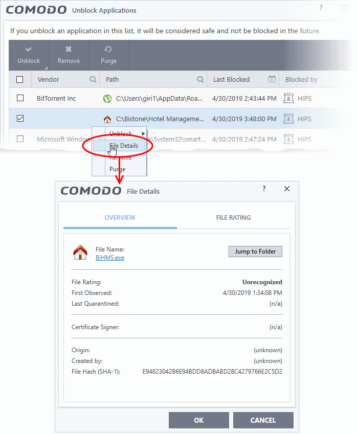 Manage Blocked Items, Blocked Applications, Comodo Internet Security | COMODO